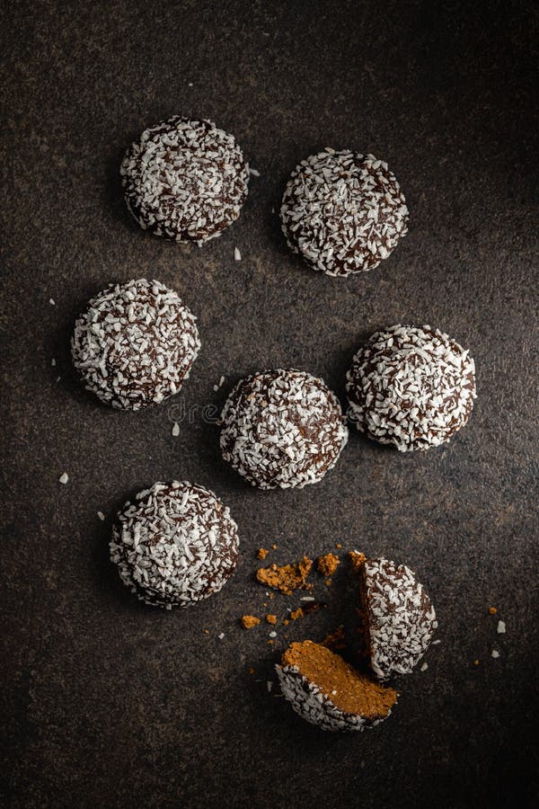 Coconut Chocolate Balls on Kitchen Table. Top View Stock Photo - Image ...