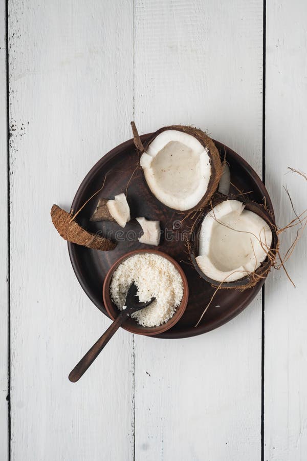 Coconut Chopped into Pieces, Close-up, Top View Stock Photo - Image of ...