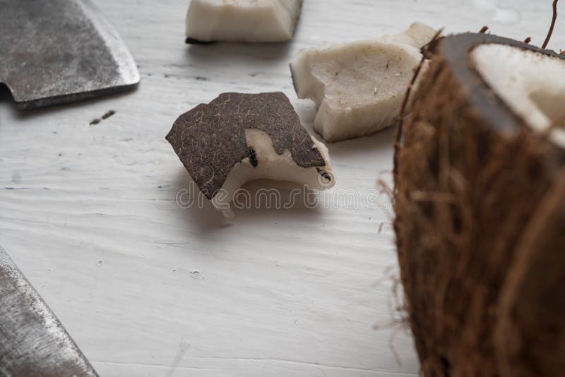 Coconut Chopped into Pieces, Close-up, Top View Stock Photo - Image of ...
