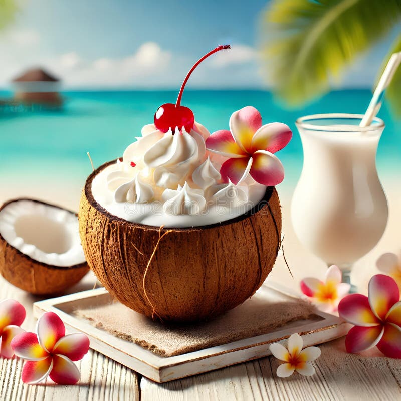 A Coconut Cocktail Served in a Coconut Shell Stock Illustration ...
