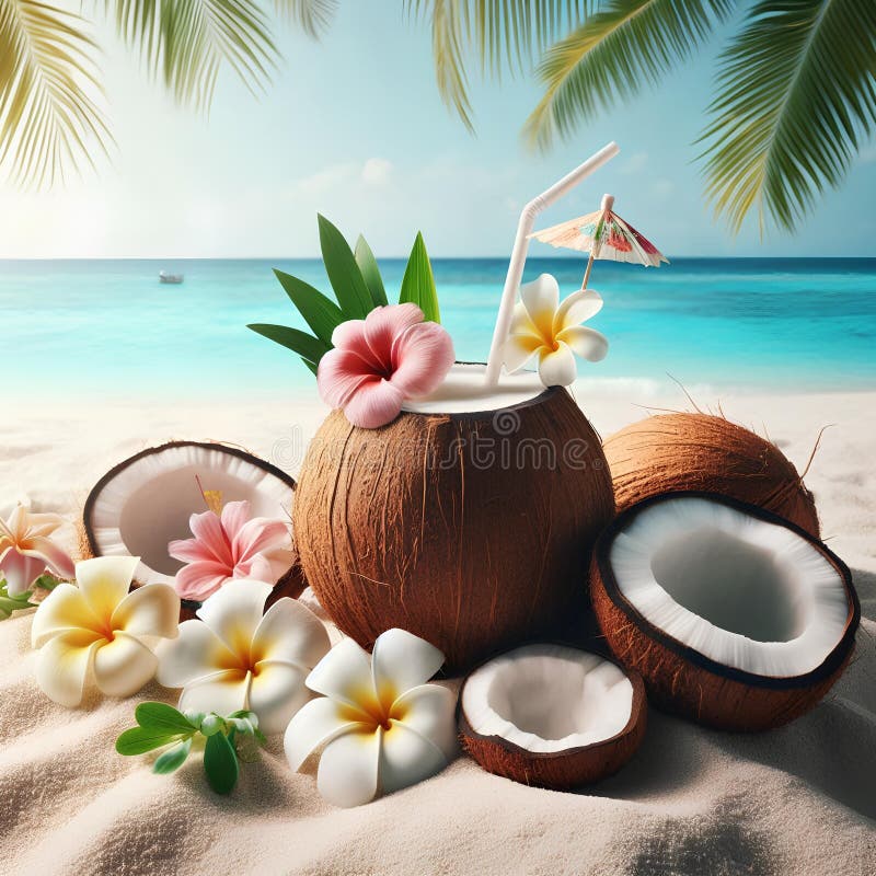 A Coconut Cocktail Served in a Coconut Shell Stock Illustration ...
