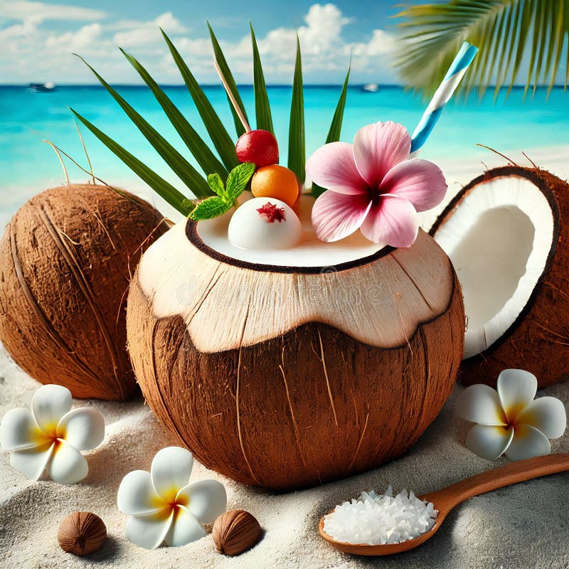A Coconut Cocktail Served in a Coconut Shell Stock Illustration ...