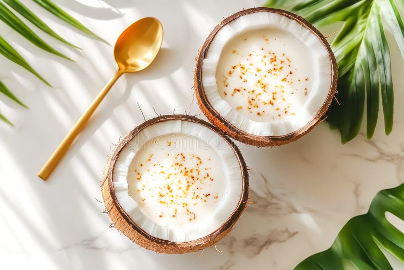 Coconut Coffee Dessert in Coconut Shell on Marble Surface Stock Image ...
