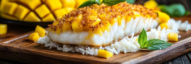 Coconut Crusted Fish with Mango Salsa, Plated on Jasmine Rice Vibrant ...