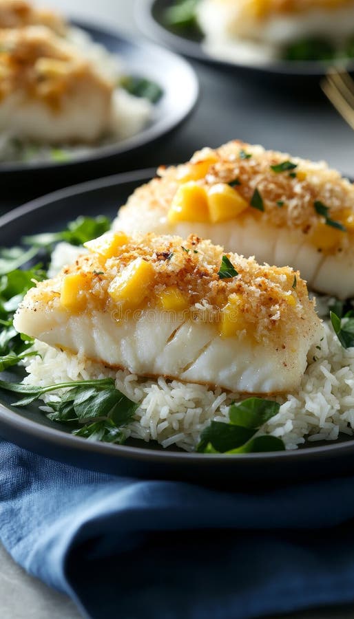 Coconut Crusted White Fish with Tropical Fruit Salsa on a Bed of ...