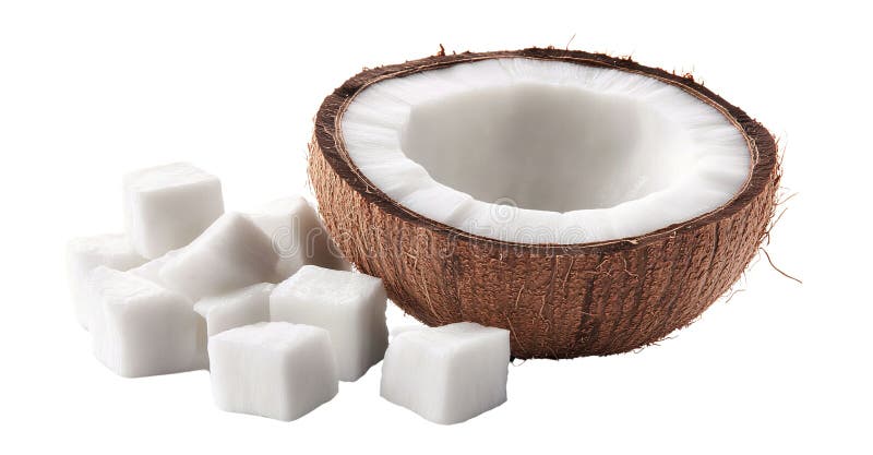 Coconut Cubes with Half Coconut Shell Isolated Stock Image - Image of ...