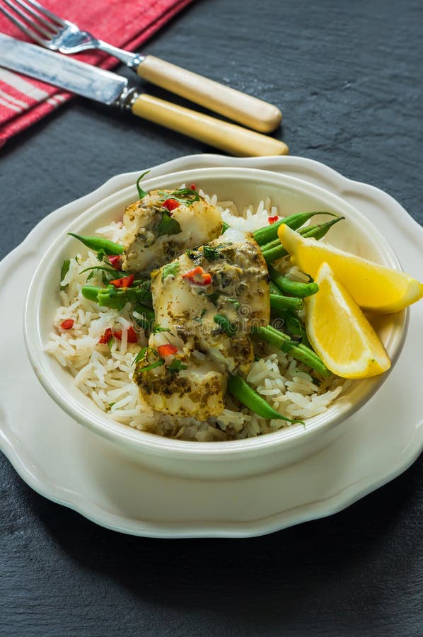Coconut Curry Cod with Green Beans and Rice Stock Image - Image of ...