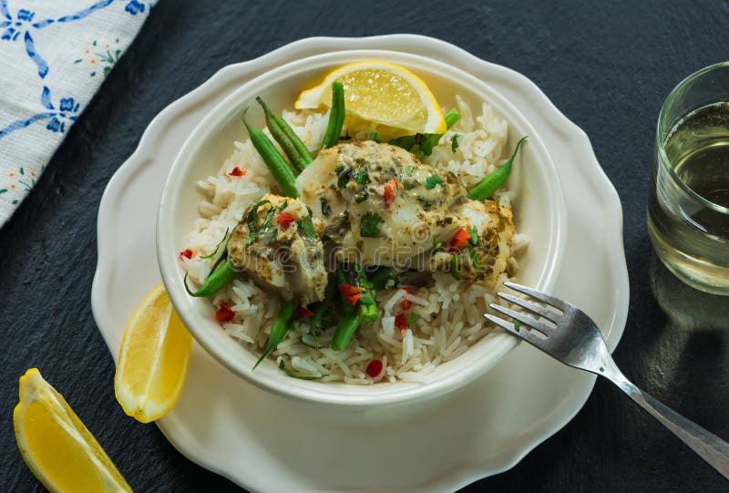 Coconut Curry Cod with Green Beans and Rice Stock Photo - Image of ...