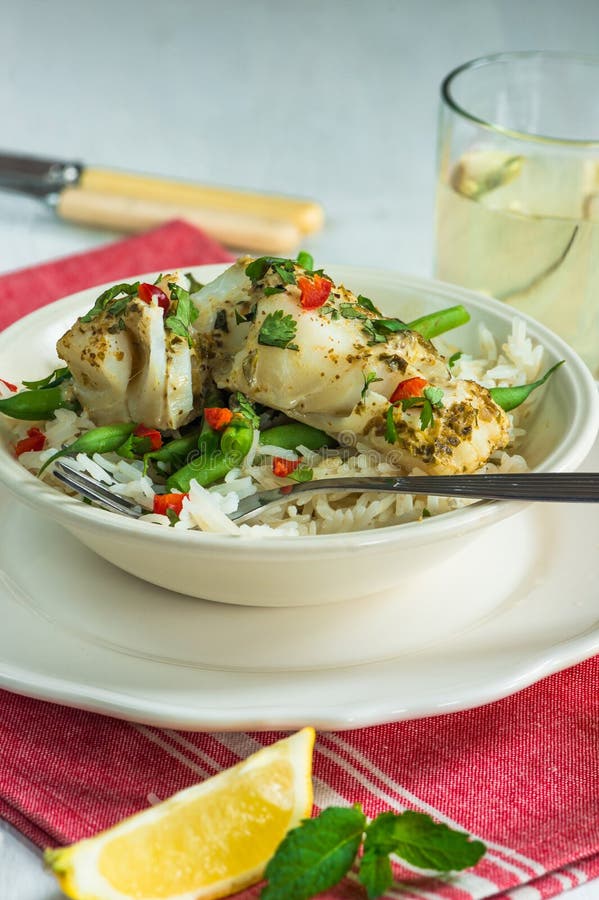 Coconut Curry Cod with Green Beans and Rice Stock Image - Image of ...