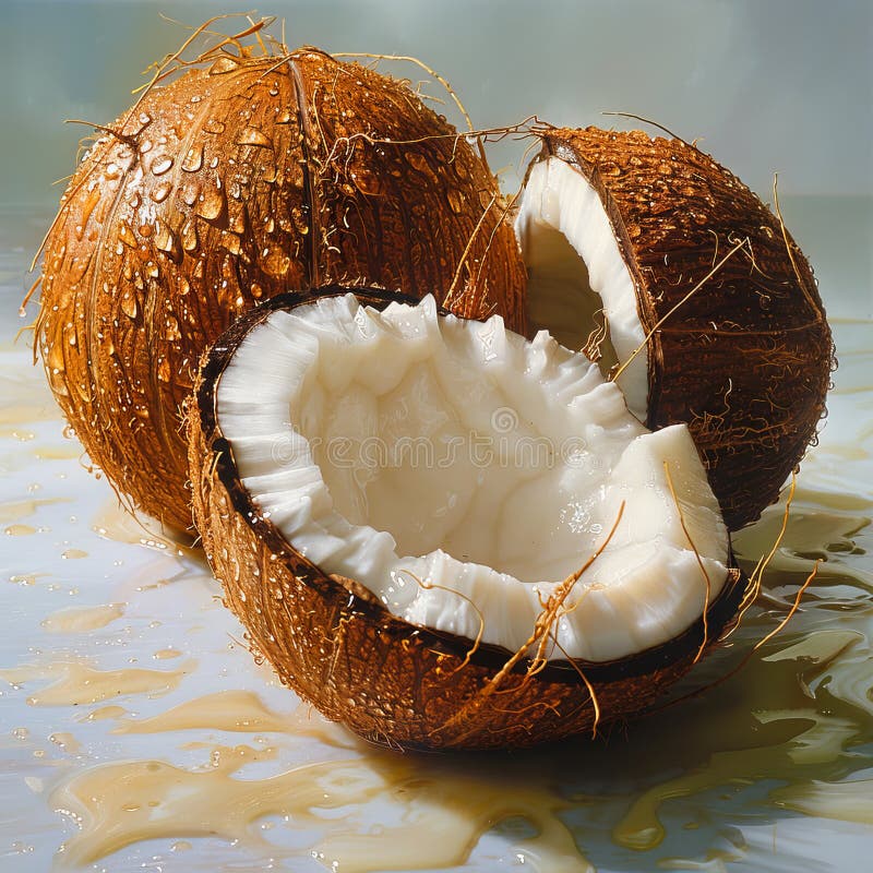A Coconut is Cut Open and Dripping with Water Stock Photo - Image of ...