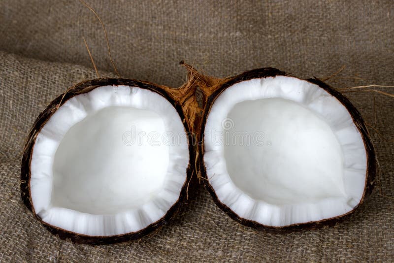 Coconut Cut into Pieces on Burlap Stock Photo - Image of shaved ...