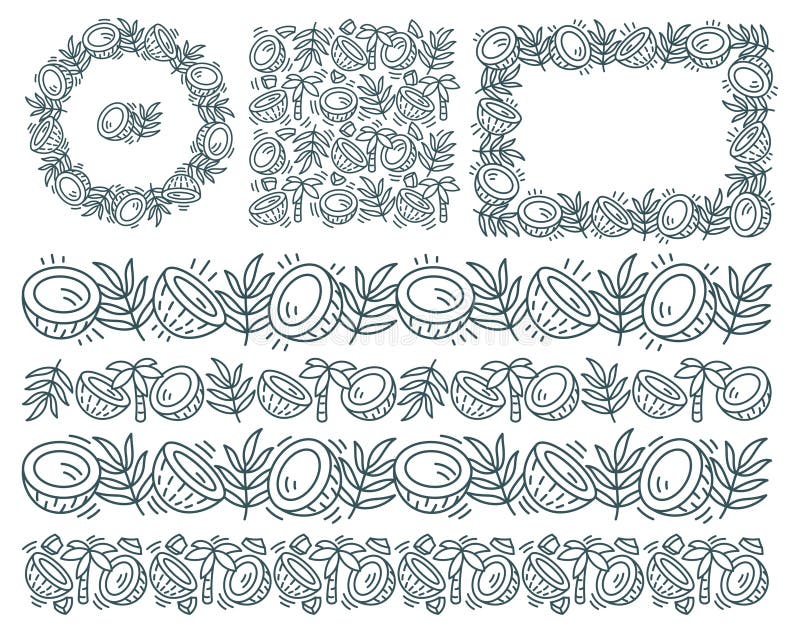 Coconut Design Kit. Line Ornament Background Set. Editable Outline ...