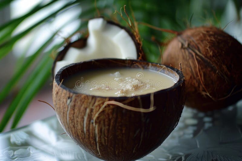 Coconut Dessert Soup Being Served in a Coconut Shell Bowl Stock Image ...