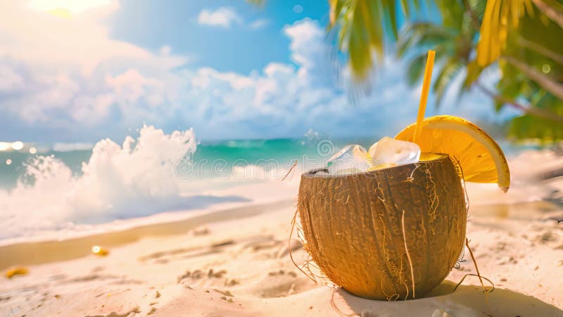 Coconut Drink in Coconut Shell on Beach Stock Footage - Video of ...