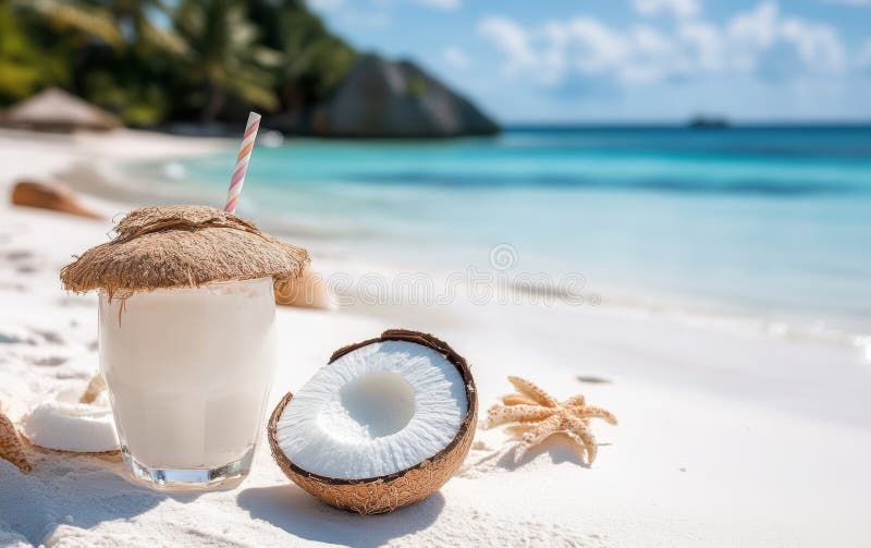 Coconut Drink Straw Resting Sand Under Sun Stock Photos - Free ...