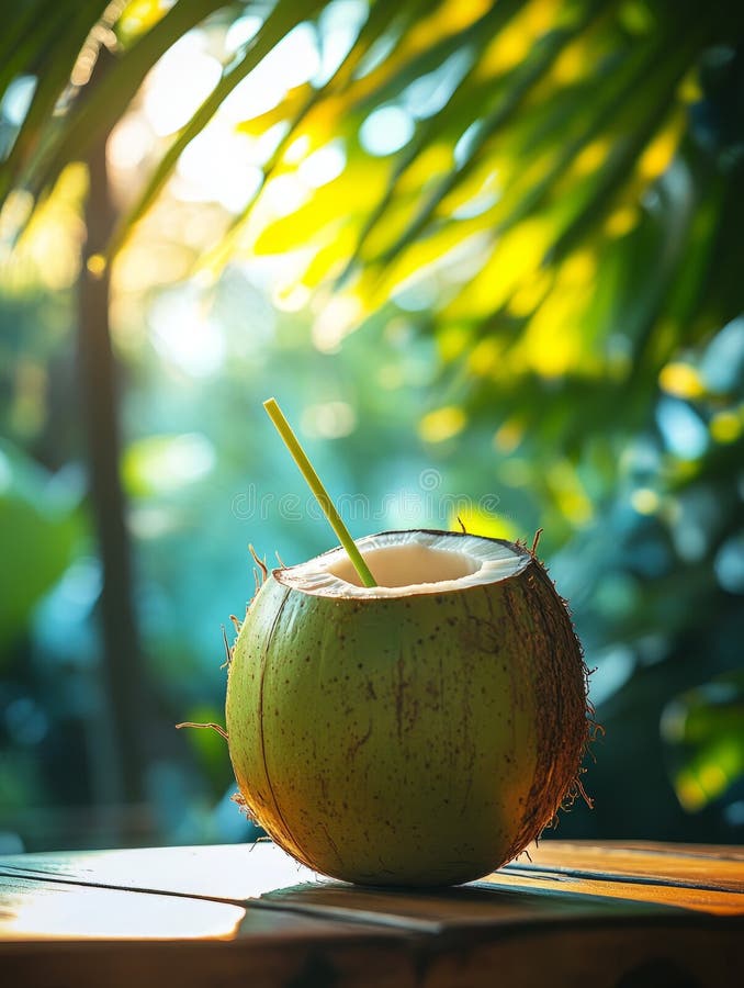 Coconut Drink with Straw on Table in Tropical Setting. Stock Photo ...
