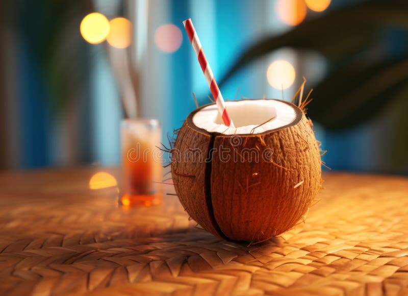 A Coconut Drink with a Straw on Top Sitting Stock Image - Image of ...