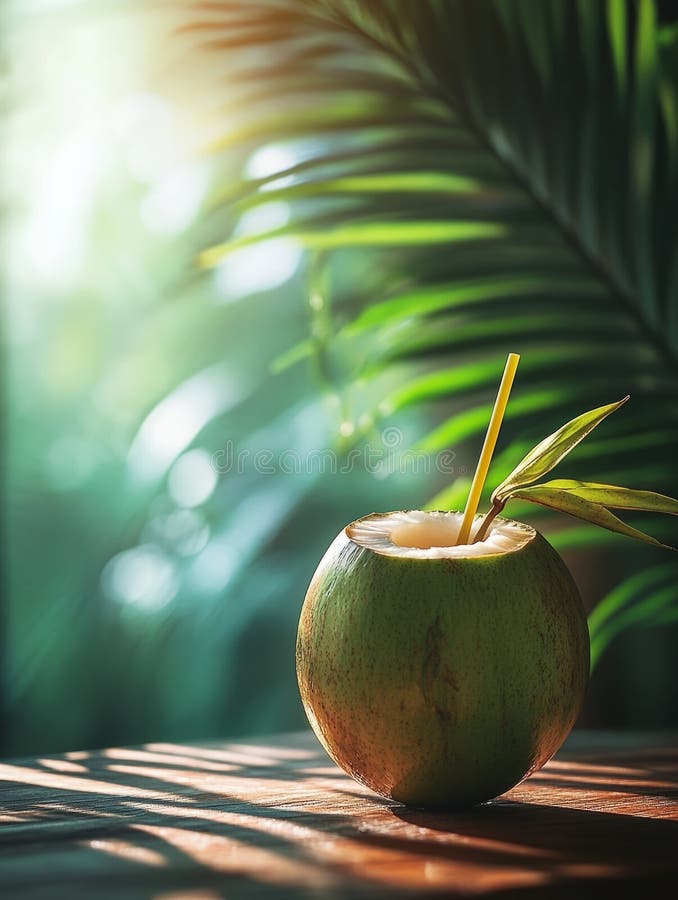 Coconut Drink with Straw Under Palm Leaves. Stock Image - Image of ...