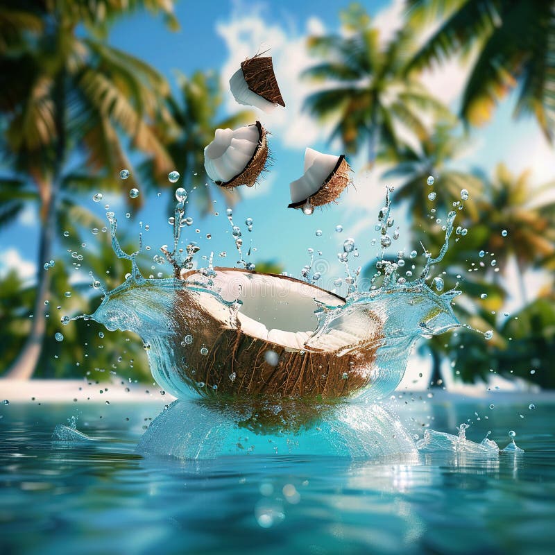 Coconut Falling into Crystal Blue Lagoon with Tropical Palm Trees Stock ...