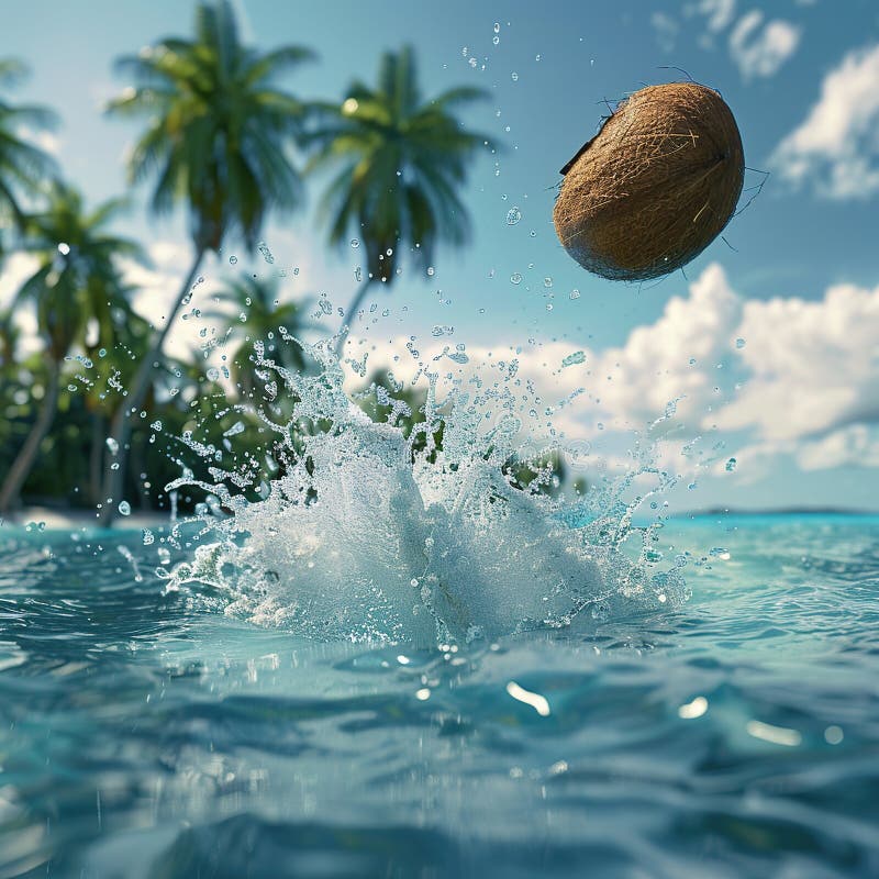 Coconut Falling into Crystal Blue Lagoon with Tropical Palm Trees Stock ...