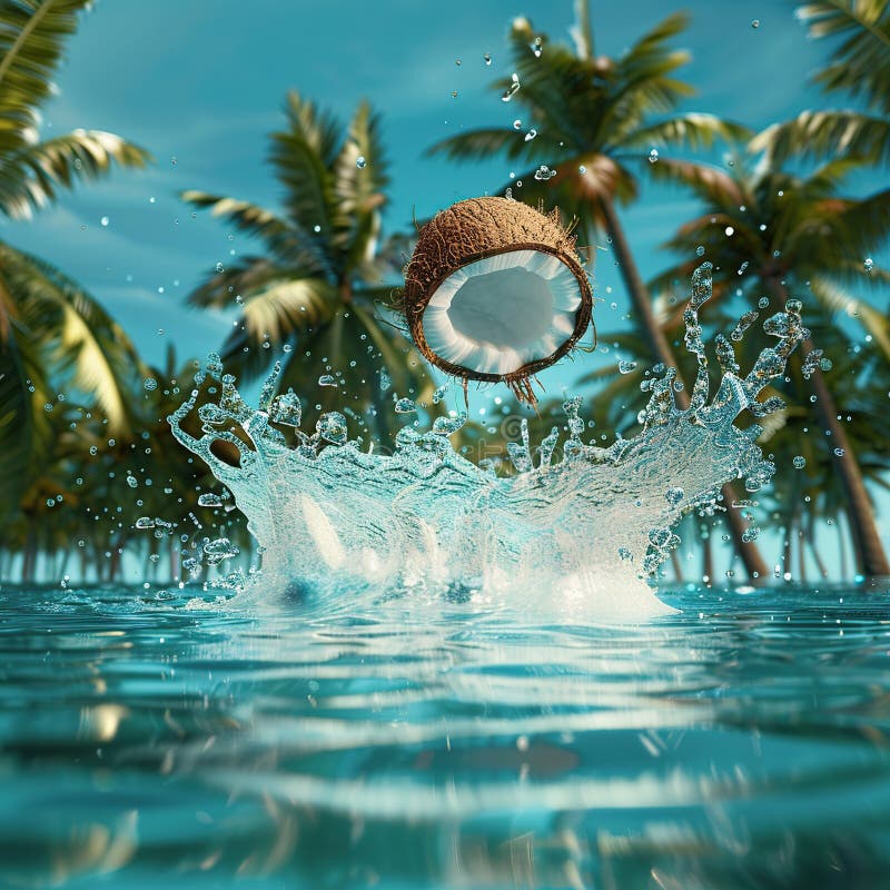 Coconut Falling into Crystal Blue Lagoon with Tropical Palm Trees Stock ...