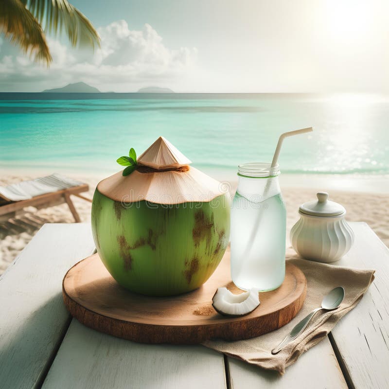 Coconut Filled with Refreshing Coconut Water on White Table on Summer ...