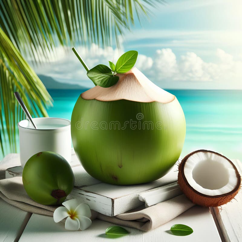 Coconut Filled with Refreshing Coconut Water on White Table on Summer ...