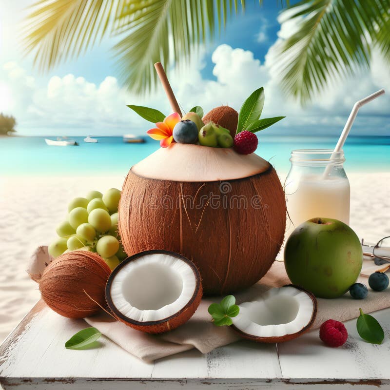 Coconut Filled with Refreshing Coconut Water on White Table on Summer ...