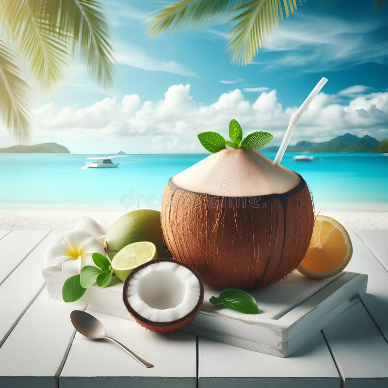 Coconut Filled with Refreshing Coconut Water on White Table on Summer ...