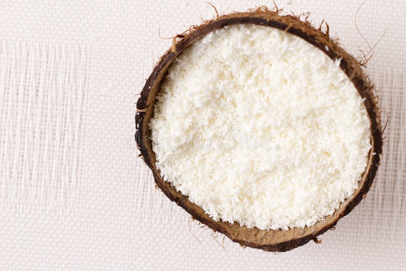 Natural Coconut Flakes in Shell, Copy Space Stock Photo - Image of ...