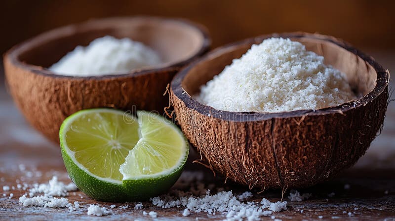 Coconut Flakes in Coconut Shells with Lime, Rustic Background Stock ...