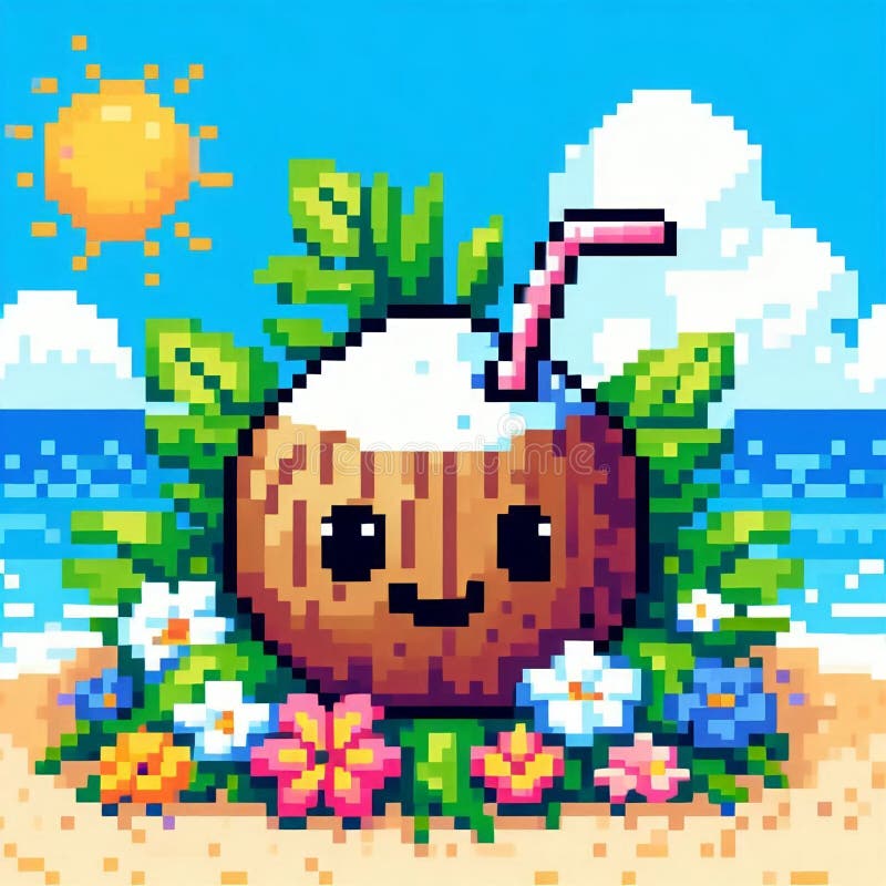 Coconut Fruit Illustrator Design on the Beach, Pixel Art Stock ...