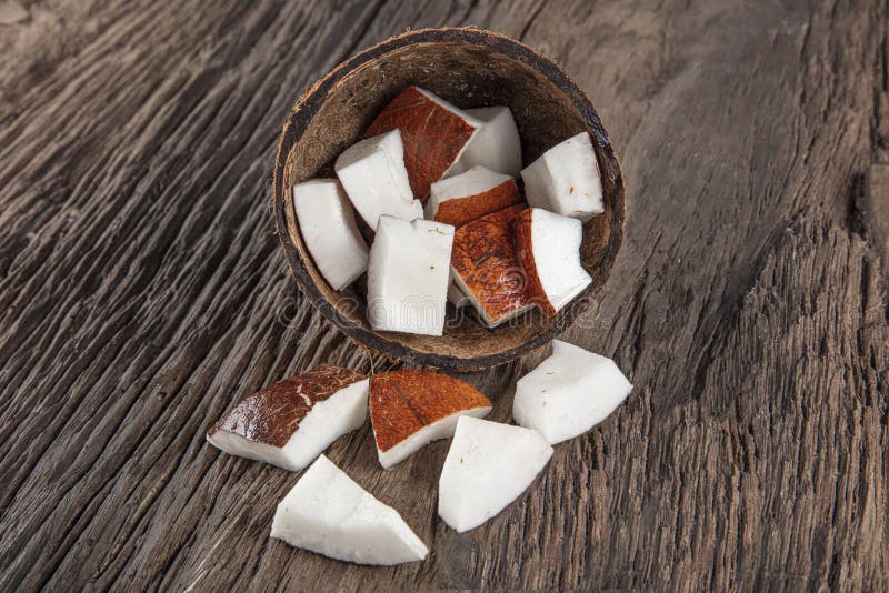 Coconut Halves, Coconut Pieces on Wooden Background Top View ...