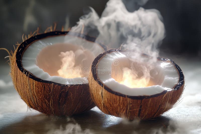 Coconut Halves with Smoke Rising in a Dramatic Display of Culinary ...