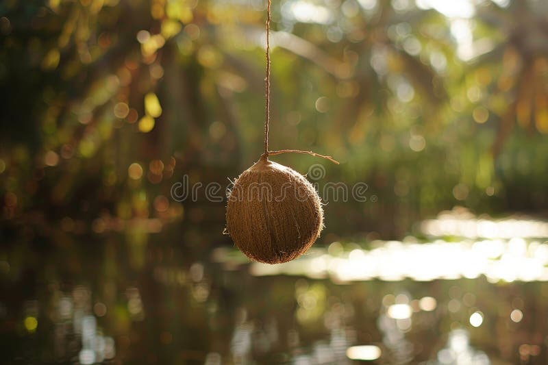 A Coconut Hangs from a String Above a Ponds Surface, Envision a ...