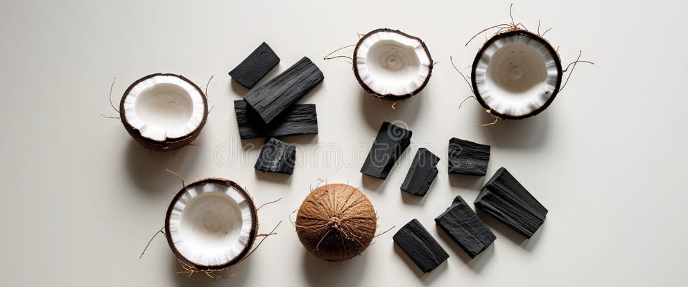Coconut Husks Alongside Activated Charcoal on a Light Backdrop Stock ...