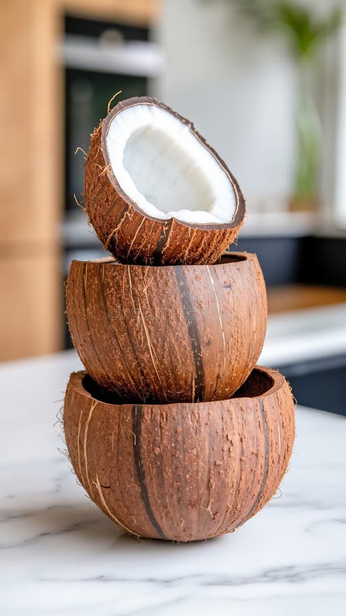 A Stack of Three Coconuts Sitting on Top of Each Other on a Counter ...