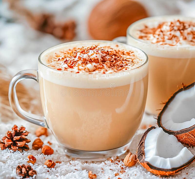 Coconut Latte in a Tall Glass and Coconut on a Swing in a Cafe. Close Up Stock Illustration ...