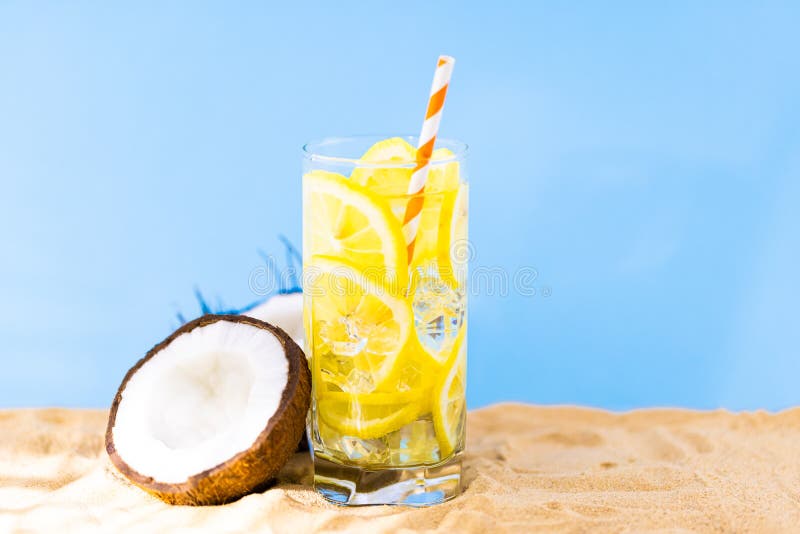 Coconut and Lemonade on Sandy Beach. Travel and Beach Vacation Stock ...