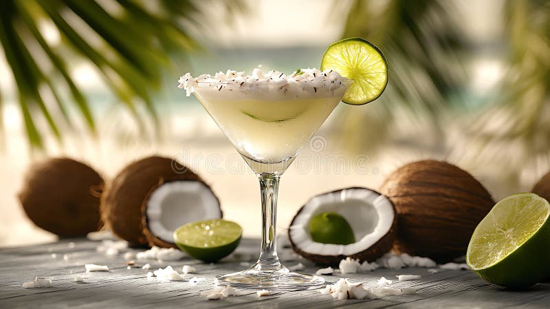 Coconut Margarita with a Lime Slice Sits among Coconuts on the Beach ...