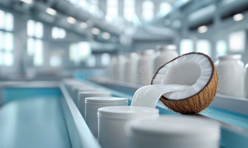 Coconut Milk Flows into Containers on a Production Line, Creating a ...