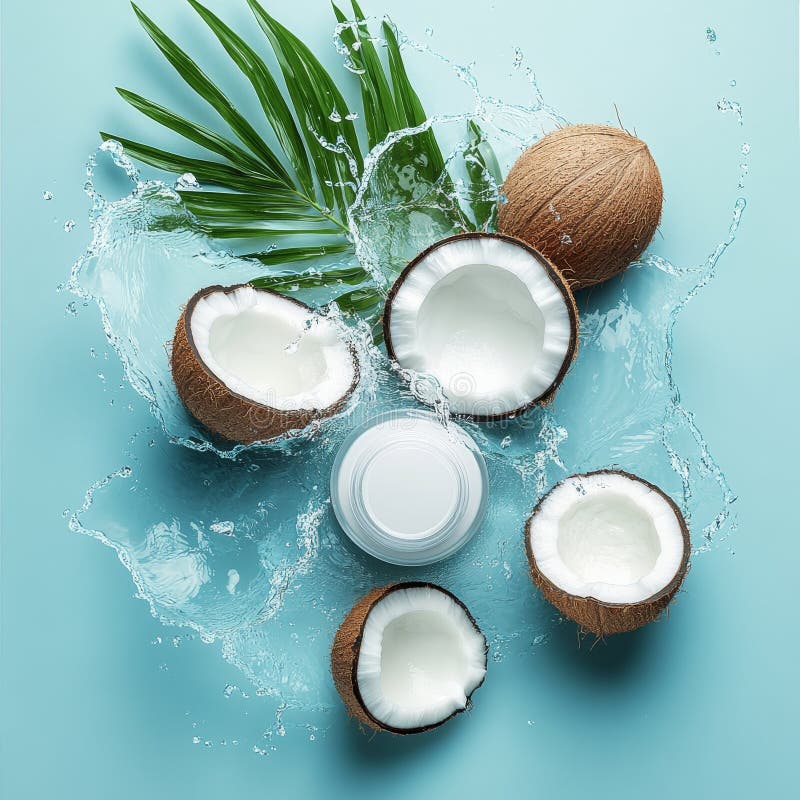 Coconut Milk and Fresh Coconuts in Water Splash on Blue Background ...