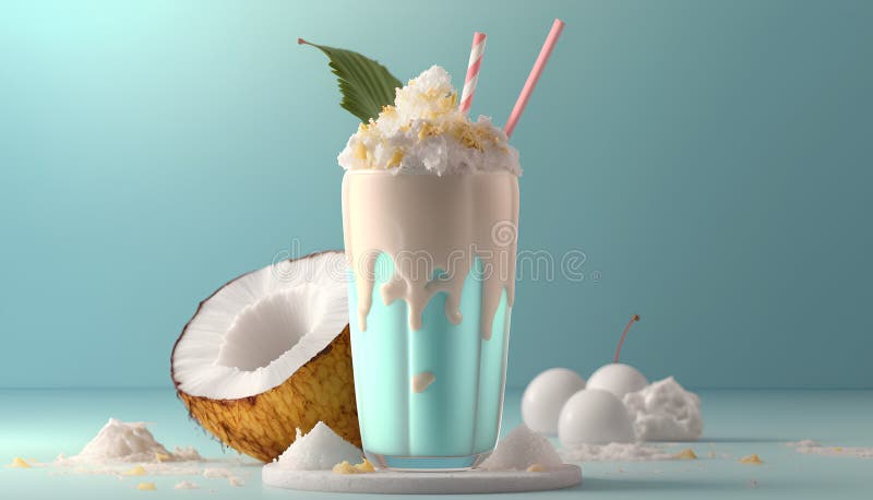 Coconut Milk Shake with Whipped Cream and Coconut Flakes on Blue ...