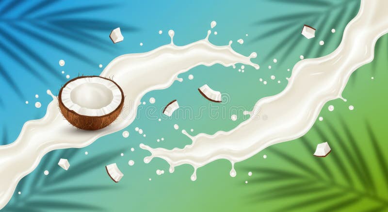 Coconut Milk Splash with Fresh Pieces on Tropical Background Stock ...