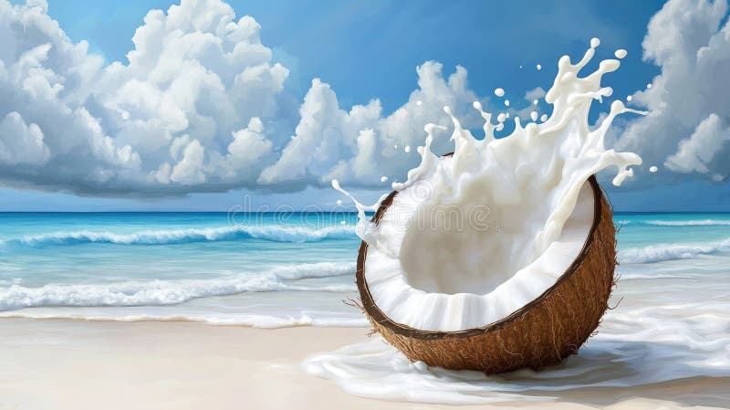 Coconut Milk Splash on Tropical Beach Under Vibrant Sky and Sunlit ...