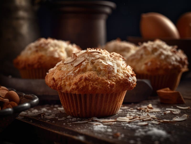 Coconut Muffins in a Rustic Kitchen Setting Stock Illustration ...