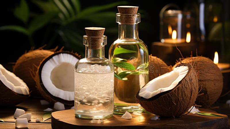 Coconut Oil in Oil Bottle with Coconut Fruit Stock Image - Image of ...