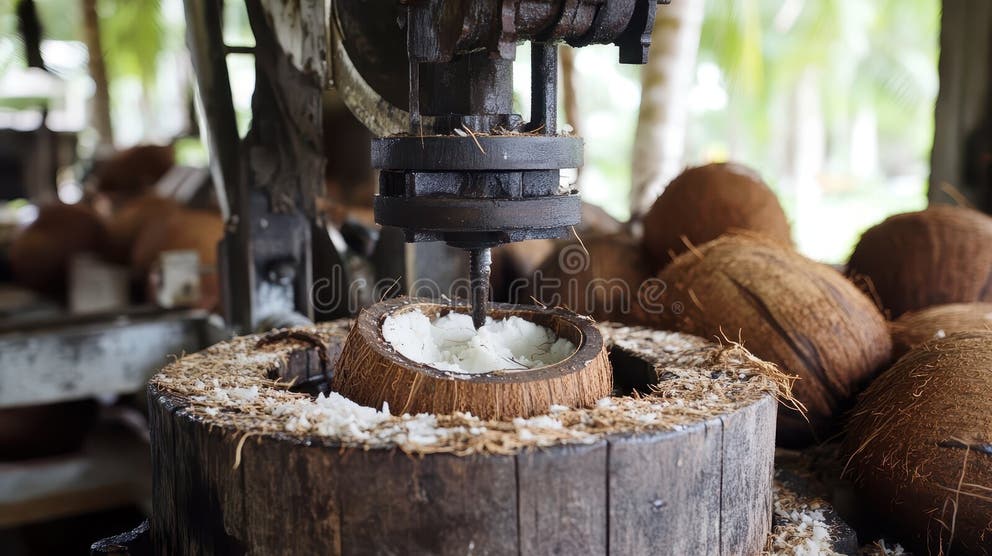 Coconut Oil Extraction Process with Fresh Coconuts in Workshop Stock ...