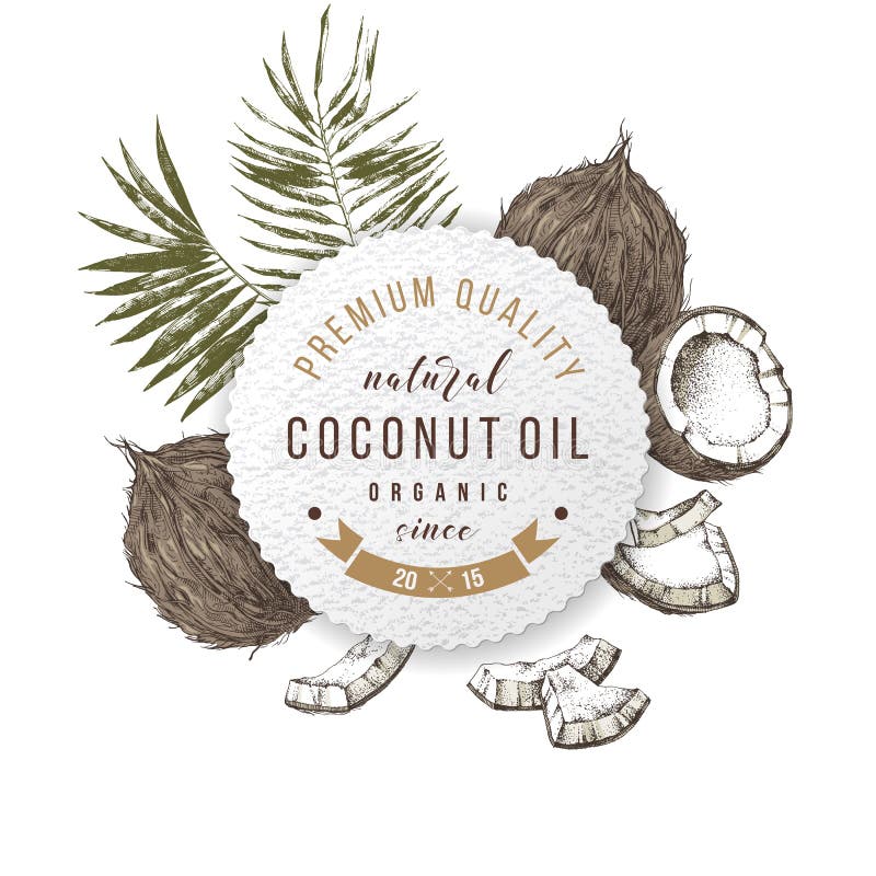 Coconut Oil Label with Type Design Over Hand Drawn Coconuts and Leaves ... Coconut Oil Label with Type Design Over Hand Drawn Coconuts and Leaves ...