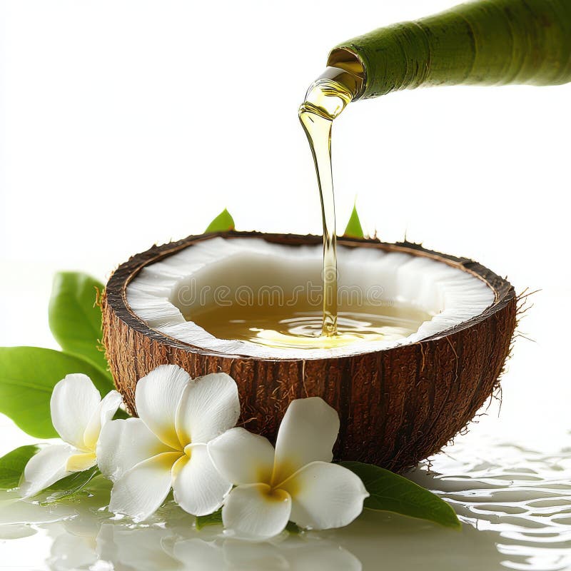 Coconut Oil Pouring into Coconut Shell with Flowers and Leaves Stock ...